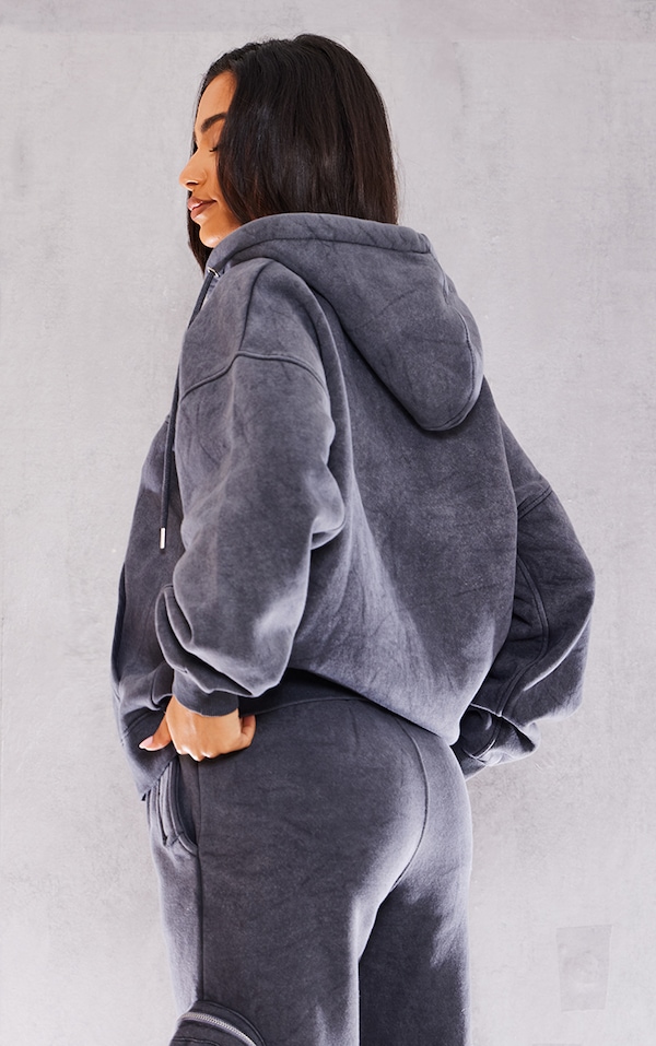 Petite Grey Washed Oversized Zip Up Hoodie | Petite | PLT USA