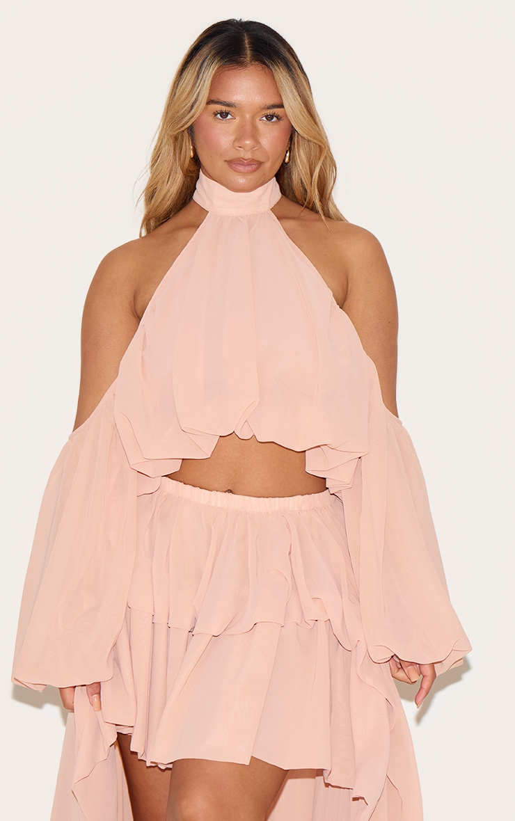 Shape Peach Chiffon High Neck Off Shoulder Blouse | Shape | PLT