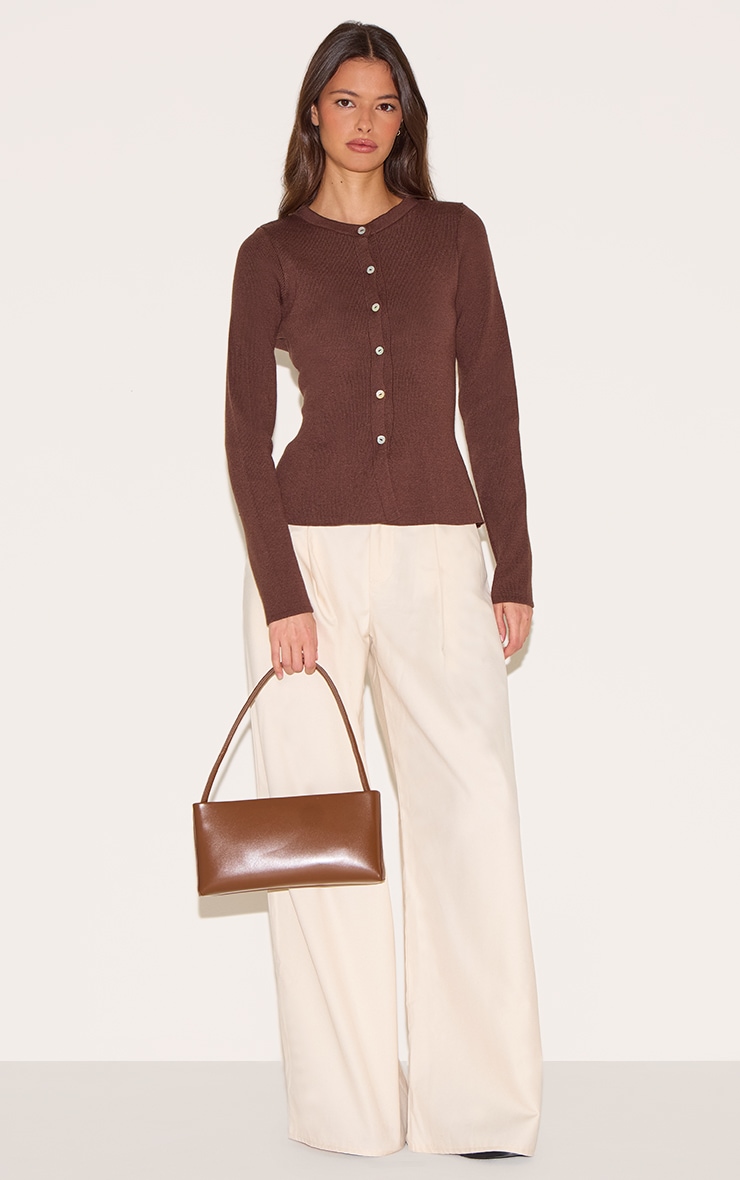 Mocha Compact Knit Peplum Cardigan | Knitwear | PrettyLittleThing USA