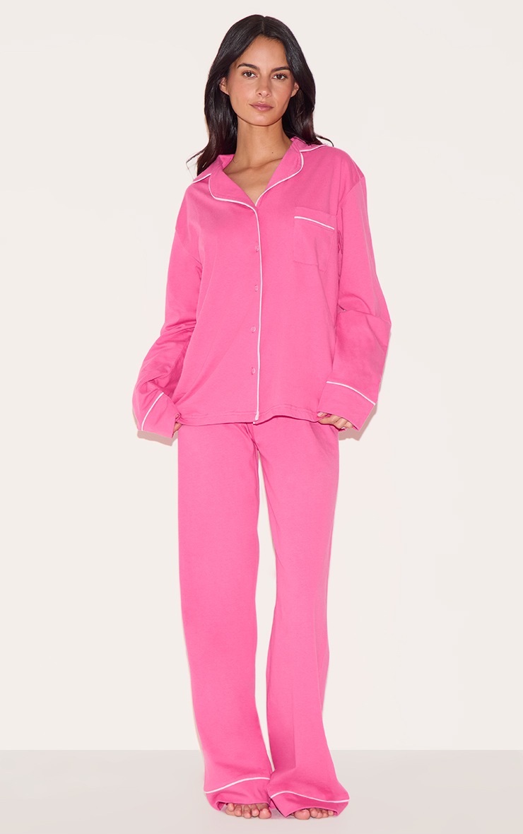 Hot Pink Jersey Piping Detail Long PJ Set | Lingerie & Nightwear ...