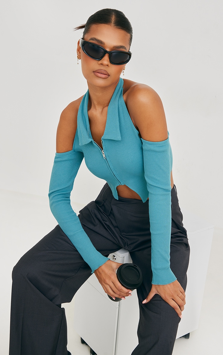 Teal Rib Collar Cold Shoulder Zip Up Crop Top | Tops | PLT