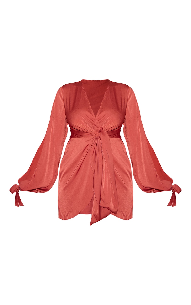 Plus Rust Plunge Neck Twist Open Sleeve Wrap Dress | Plus Size | PLT