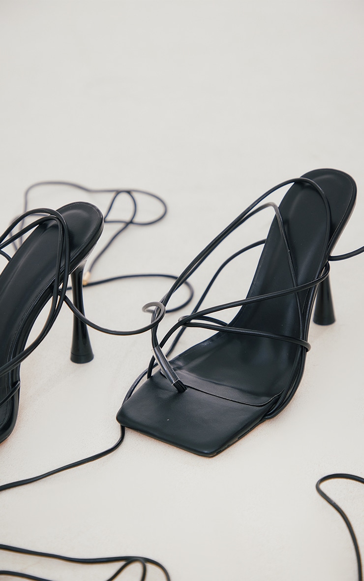 Black Pu Thing Square Toed Laced High Heel Sandals | PrettyLittleThing