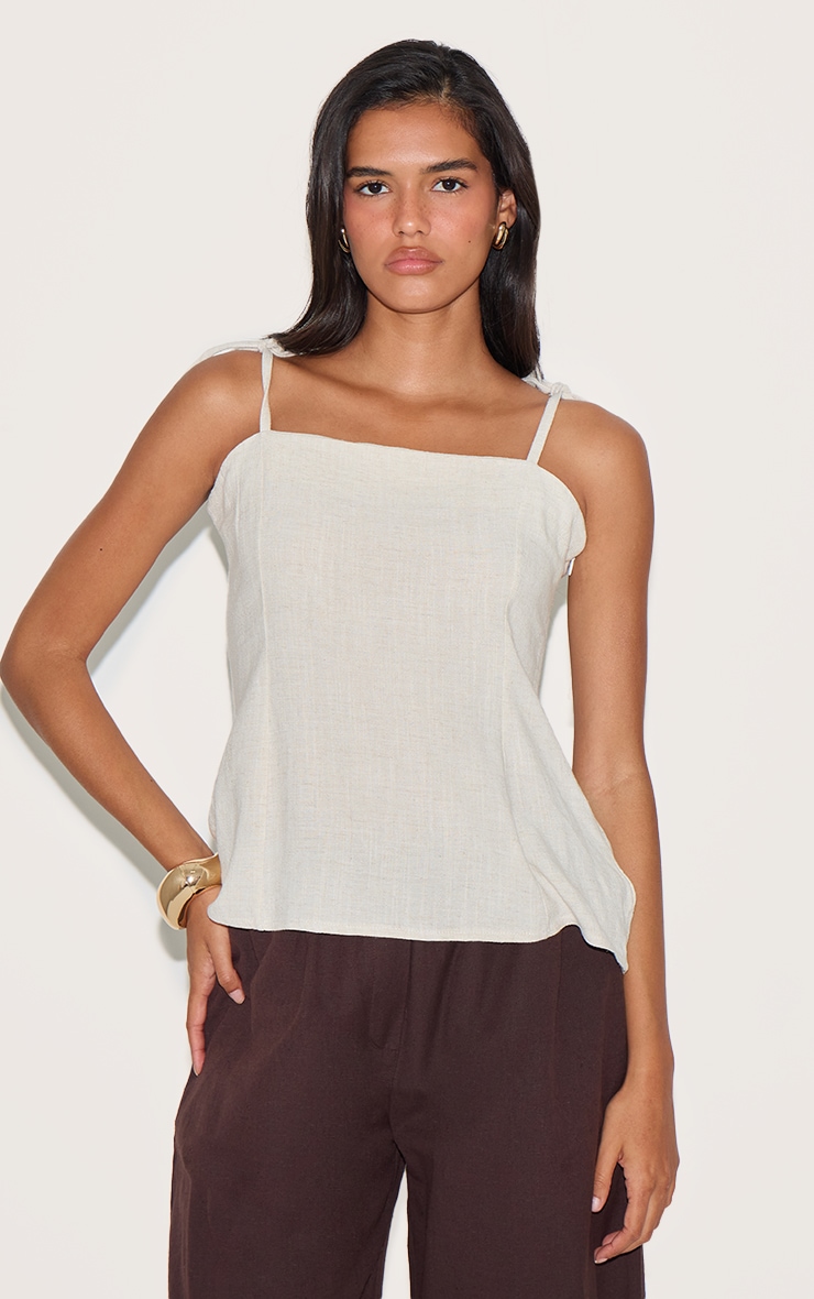 Taupe Linen Look Tie Strap Cami Top | Tops | PrettyLittleThing USA