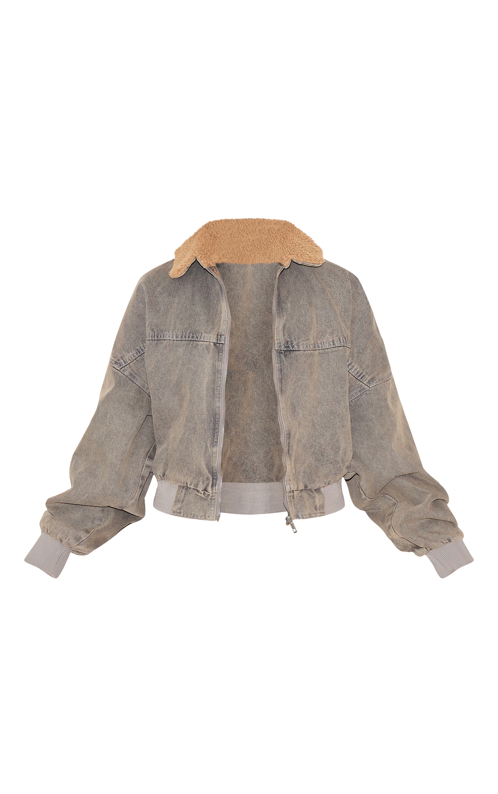 Light Grey Borg Collar Denim Bomber Jacket | Denim | PLT