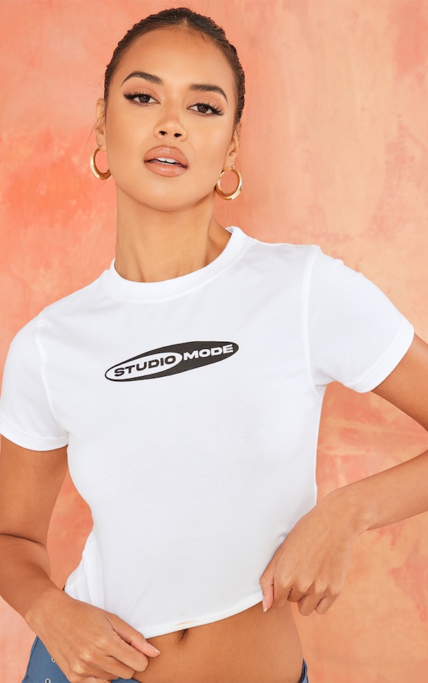 White Studio Mode Printed Fitted Crop T Shirt | PrettyLittleThing USA