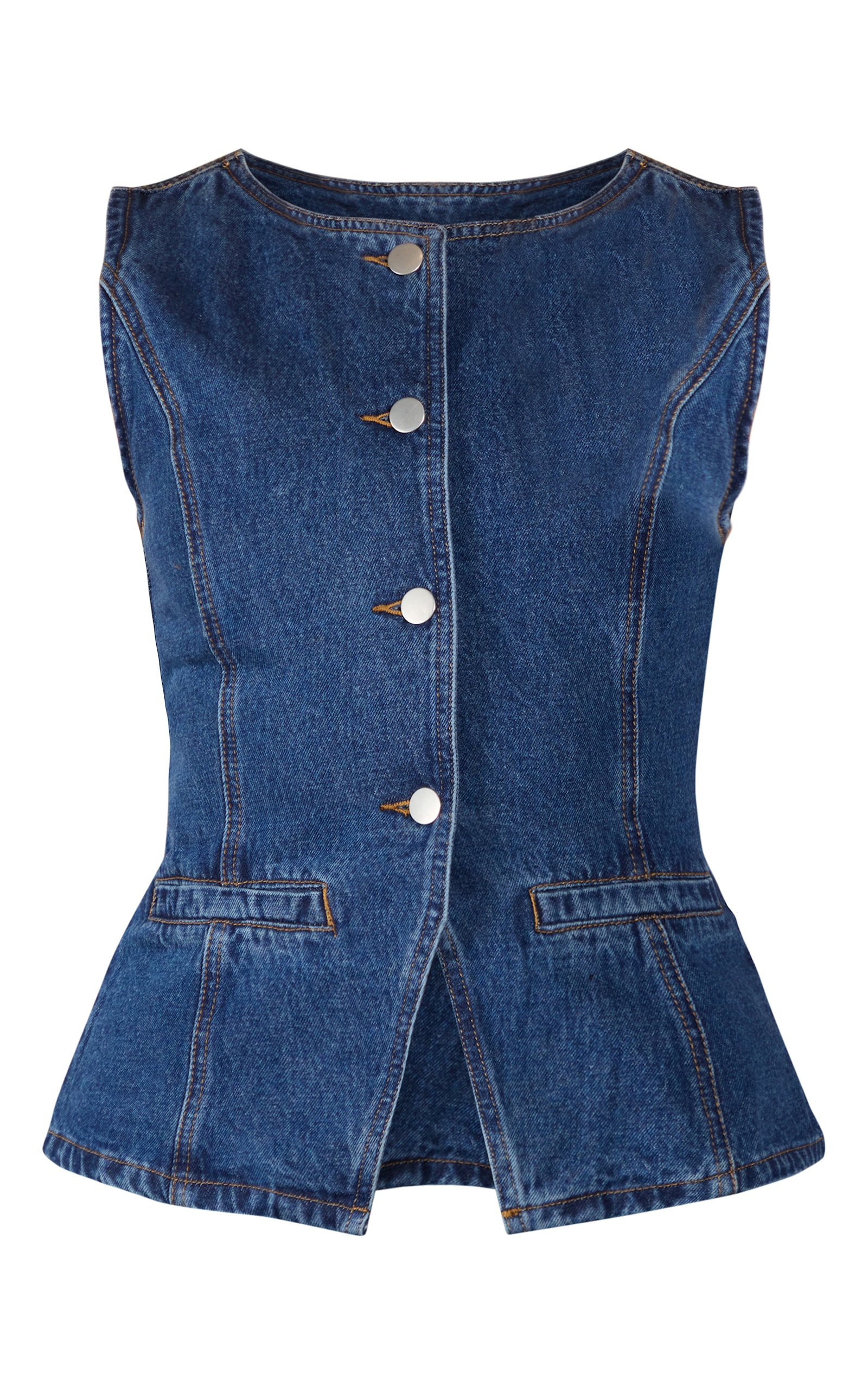 Dark Blue Round Neck Longline Denim Vest | Denim | PrettyLittleThing USA