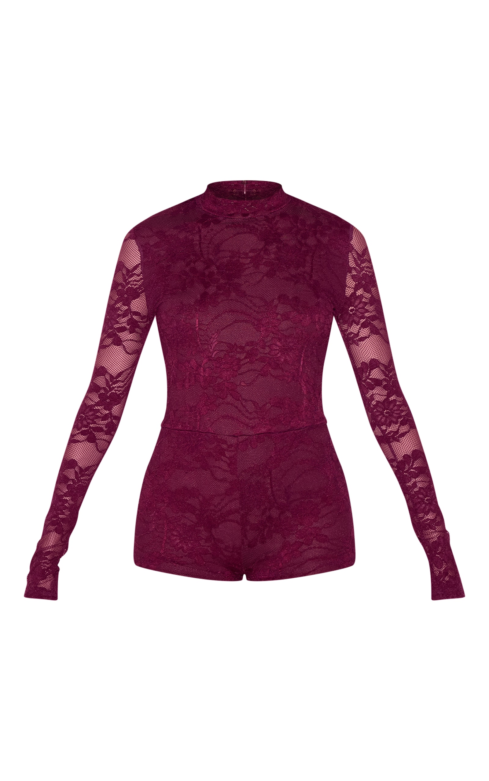 Plum Lace Lined Long Sleeve Boat Neck Playsuit | Dresses | PLT