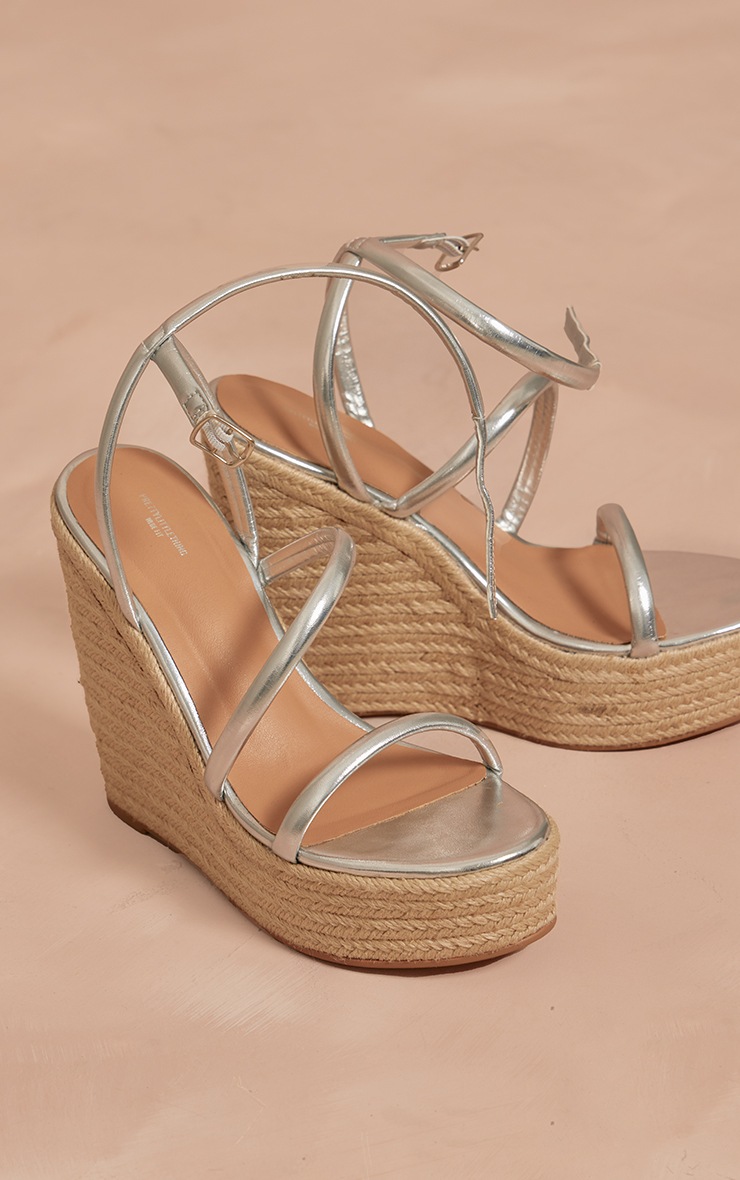 Silver Wide Fit Asymmetric Strap Platform Heel Wedges | Footwear ...