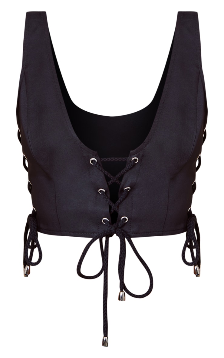 Black Woven Lace Up Detail Plunge Crop Top | PrettyLittleThing USA