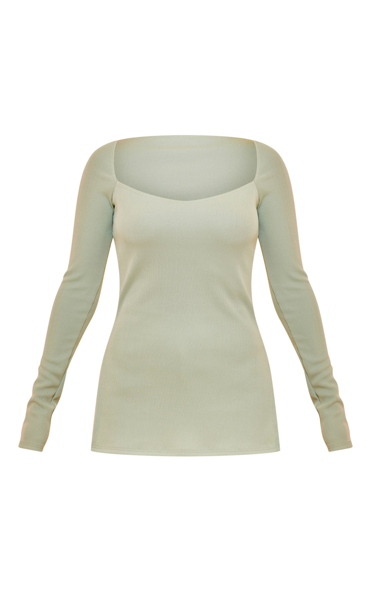 Top Vert Sauge Finement Côtelé À Manches Longues | PrettyLittleThing FR