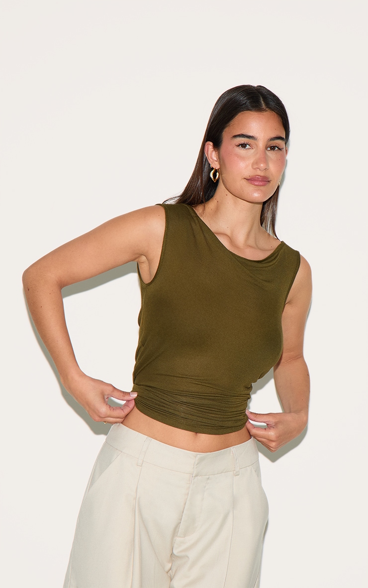 Olive Sheer Soft Touch Cowl Neck Long Vest Top | Tops ...