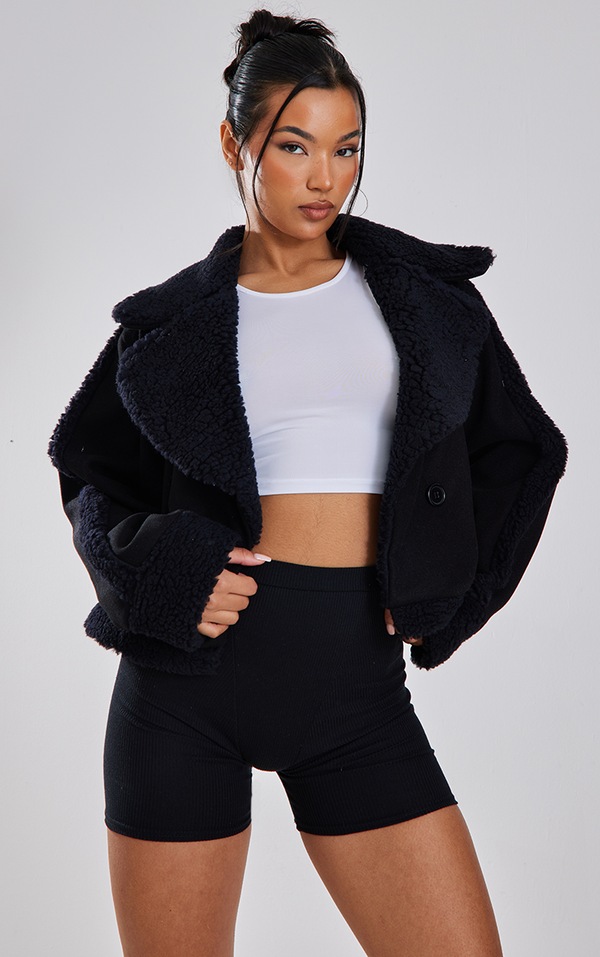 Black Borg Detail Wool Look Cropped Aviator | Outerwear ...