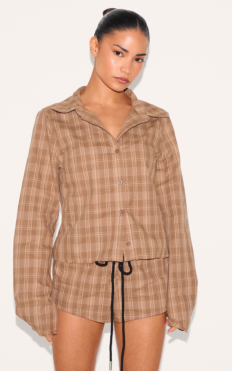Petite Chestnut Check Woven Shirt | Petite | PrettyLittleThing USA