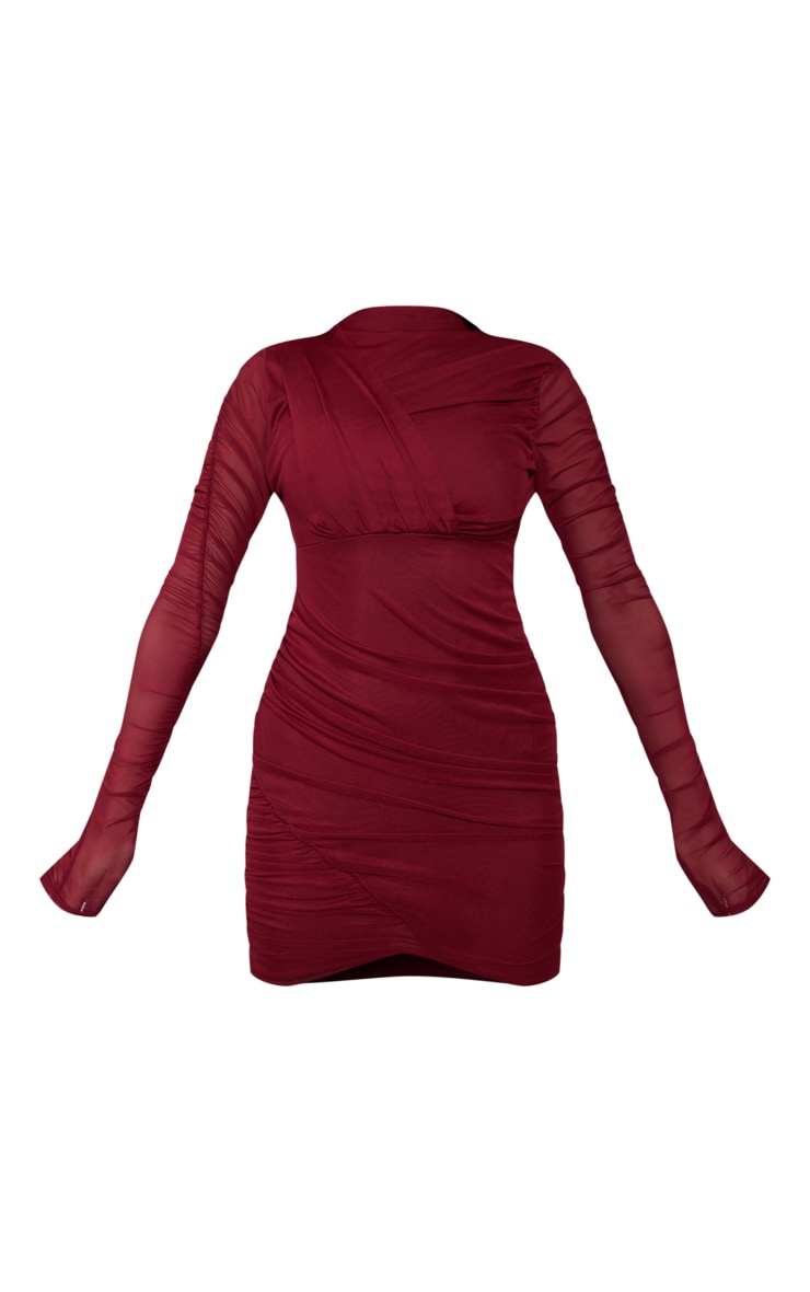 Dark Plum Mesh High Neck Ruched Bodycon Dress Prettylittlething Aus