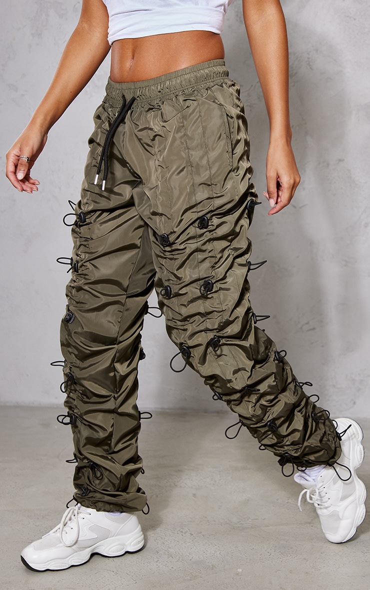 Khaki Shell Toggle Detail Straight Leg Pants | PrettyLittleThing USA