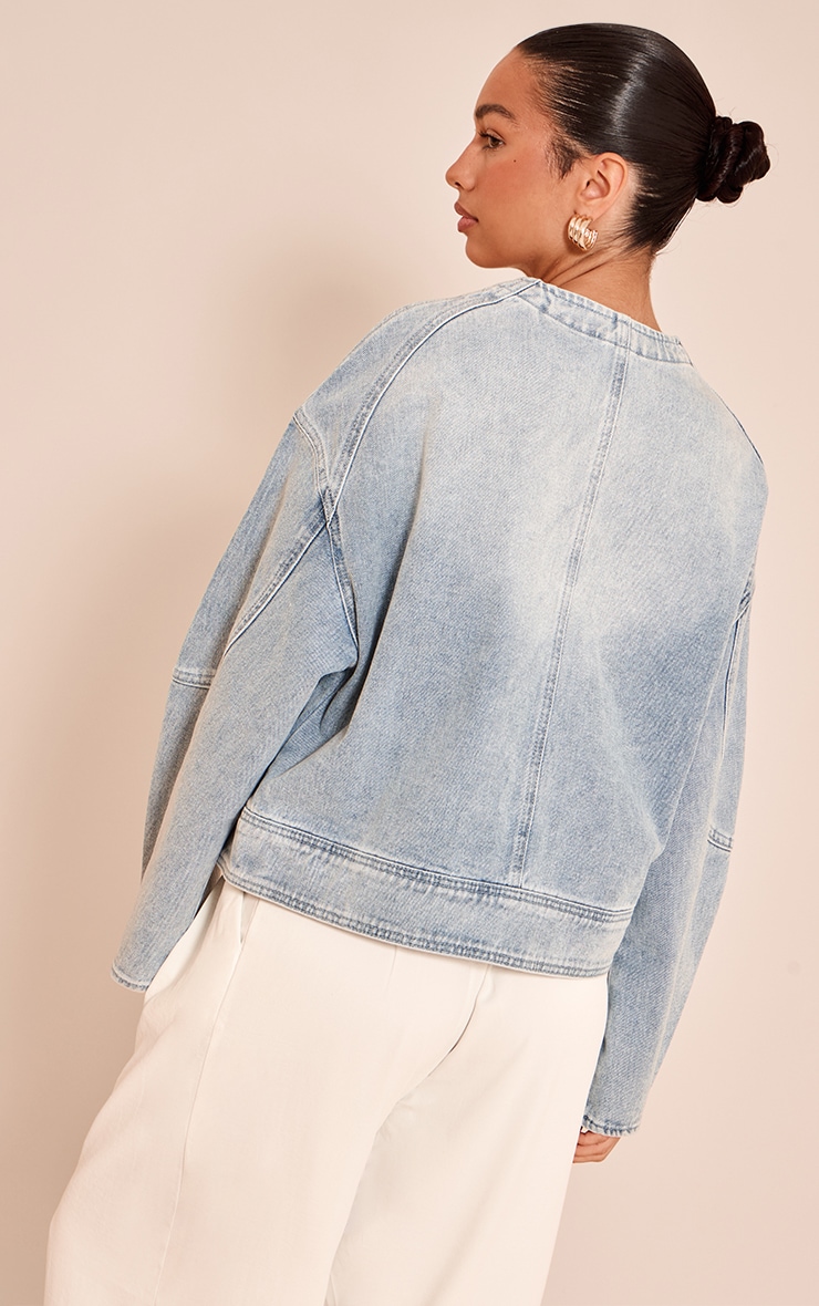 Light Blue Round Neck Balloon Sleeve Denim Jacket | Denim ...