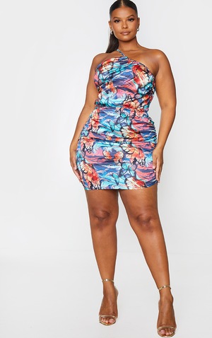 Plus Multi Renaissance Print Ruched Bodycon Dress | PrettyLittleThing