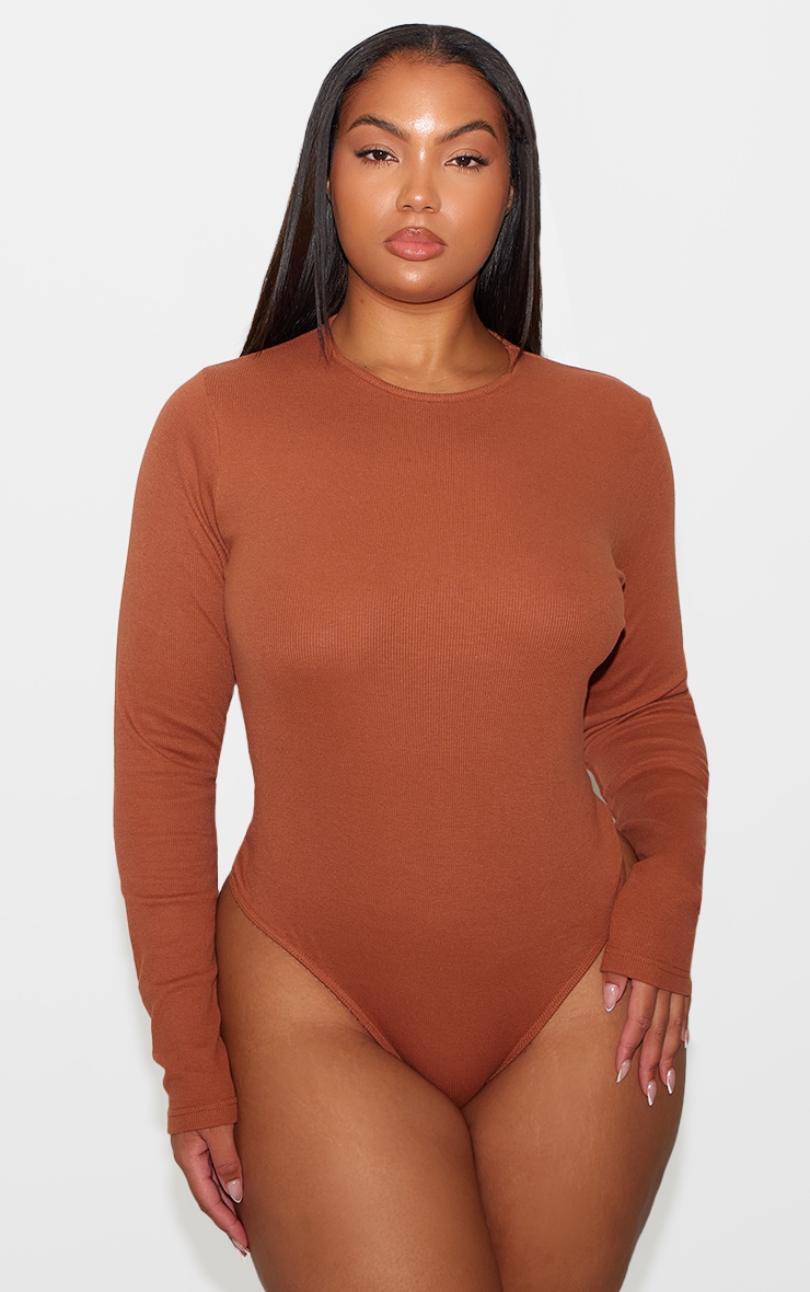 Plus Rust Basic Rib Long Sleeve Bodysuit | Plus Size | PrettyLittleThing