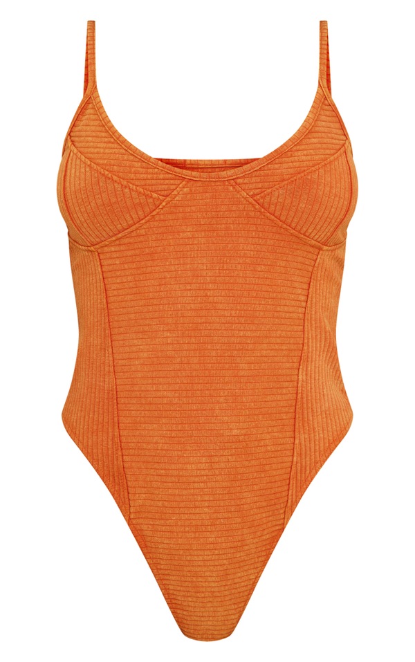 Rust Marl Jumbo Rib Strappy Cup Detail Bodysuit | Tops | PLT