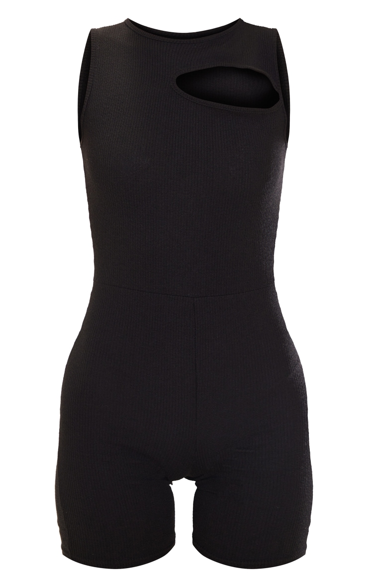 Black Crinkle Rib Cut Out Detail Racer Unitard | PrettyLittleThing