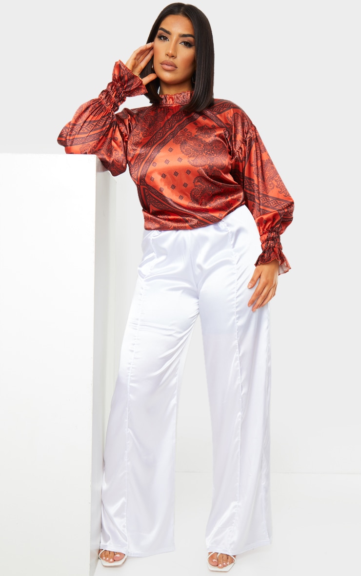 Rust Tile Pleated High Neck Satin Blouse | PrettyLittleThing