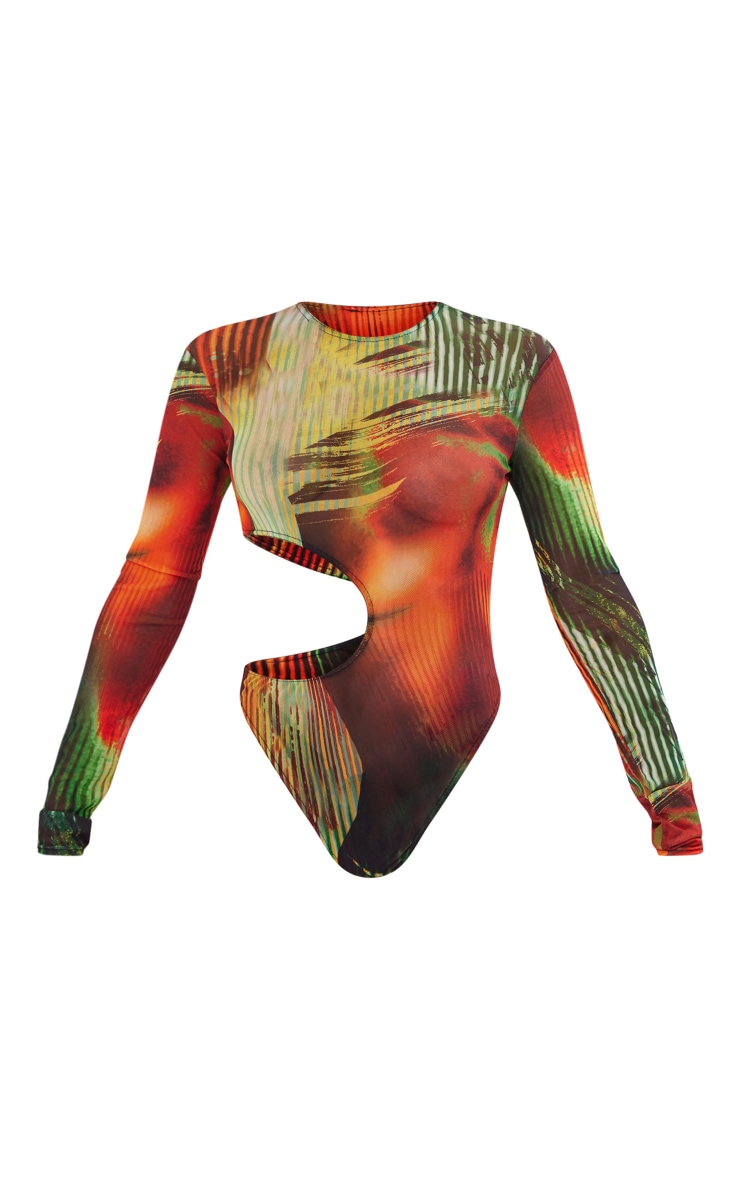 Red Abstract Print Mesh Cut Out Bodysuit | PrettyLittleThing QA
