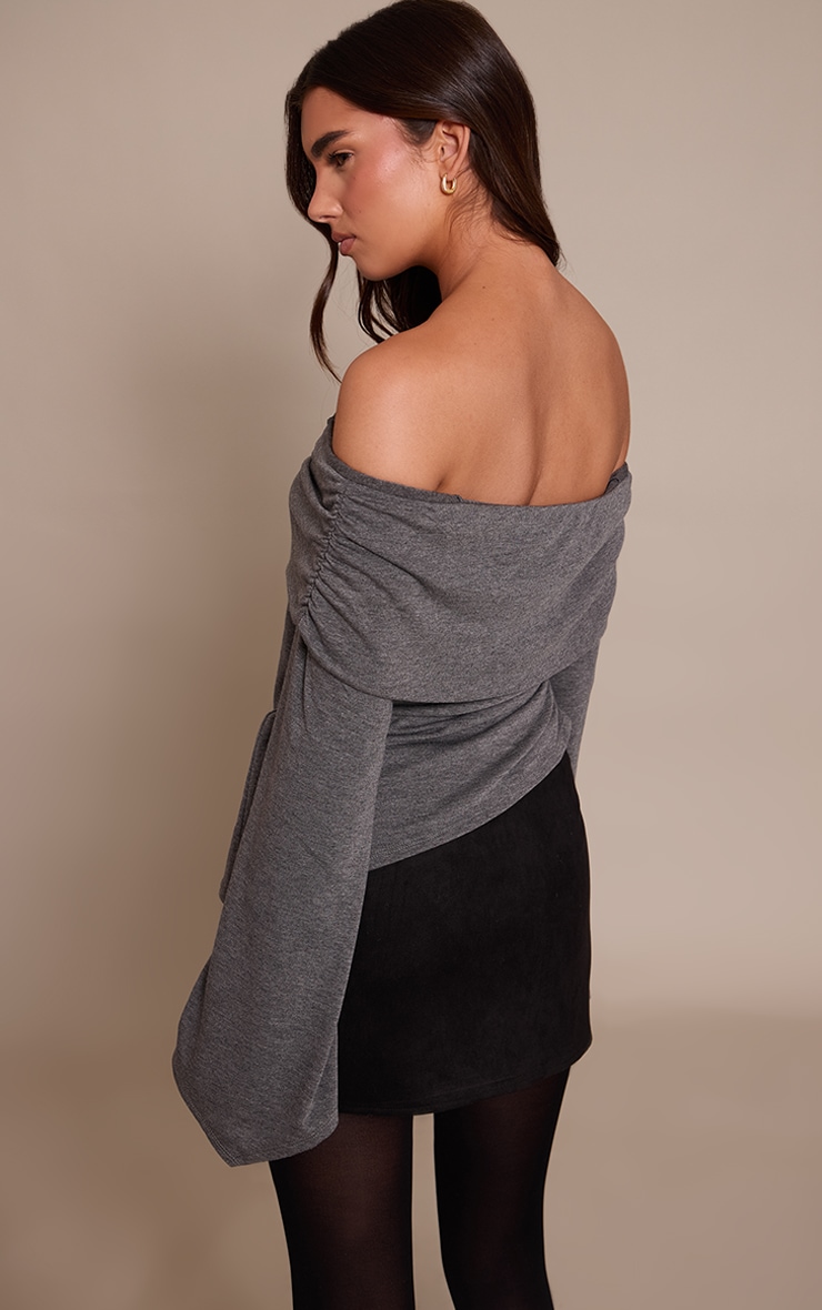 Dark Grey Marl Jersey Fold Over Long Sleeve Top | Tops | PLT KSA