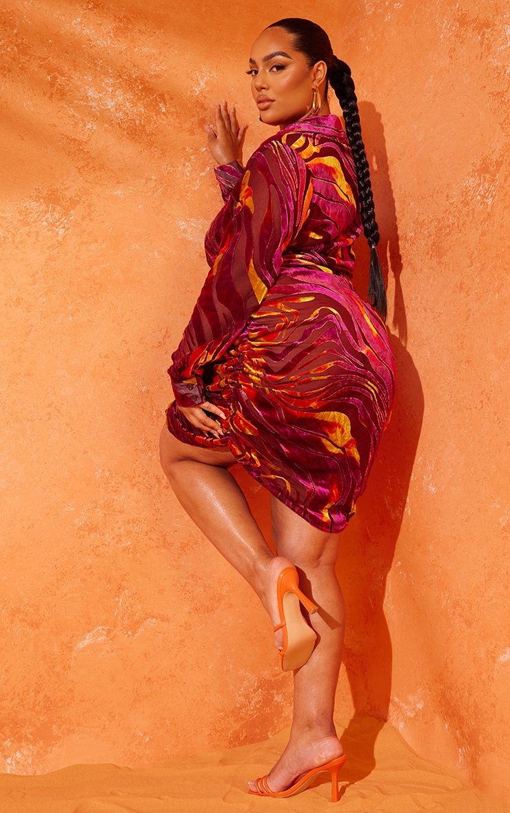 Plus Multi Abstract Devore Ruched Shirt Dress | Plus Size ...