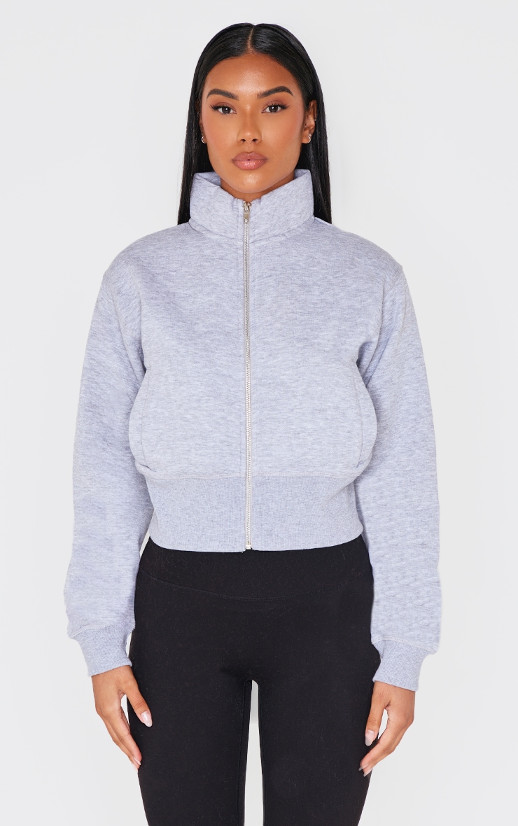 Grey Marl Ribbed Hem High Neck Zip Up Sweatshirt | Sweat ...