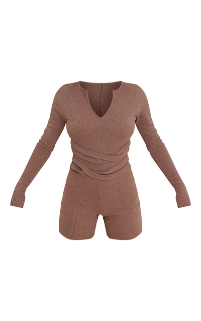 Chocolate Rib Cross Waist Plunge Unitard | Dresses | PLT