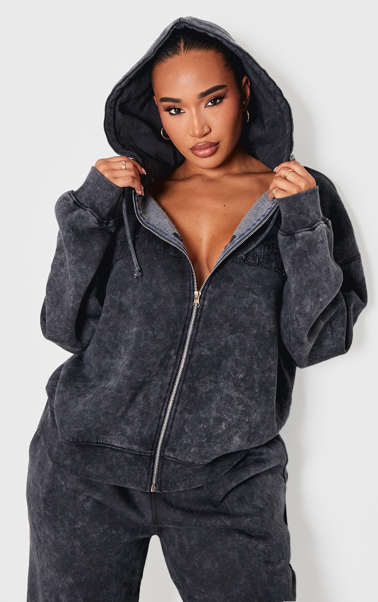 Shape Black Embroidery Washed Zip Through Hoodie | Shape | PrettyLittleThing AUS