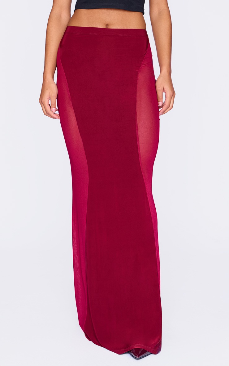 Burgundy Slinky Mesh Detail Maxi Skirt Bottoms Prettylittlething Usa