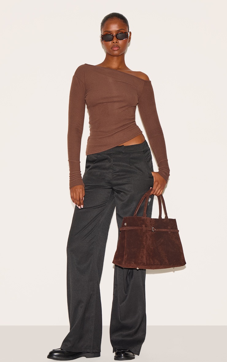 Chocolate Soft Rib Asymmetric Long Sleeve Top | Tops ...