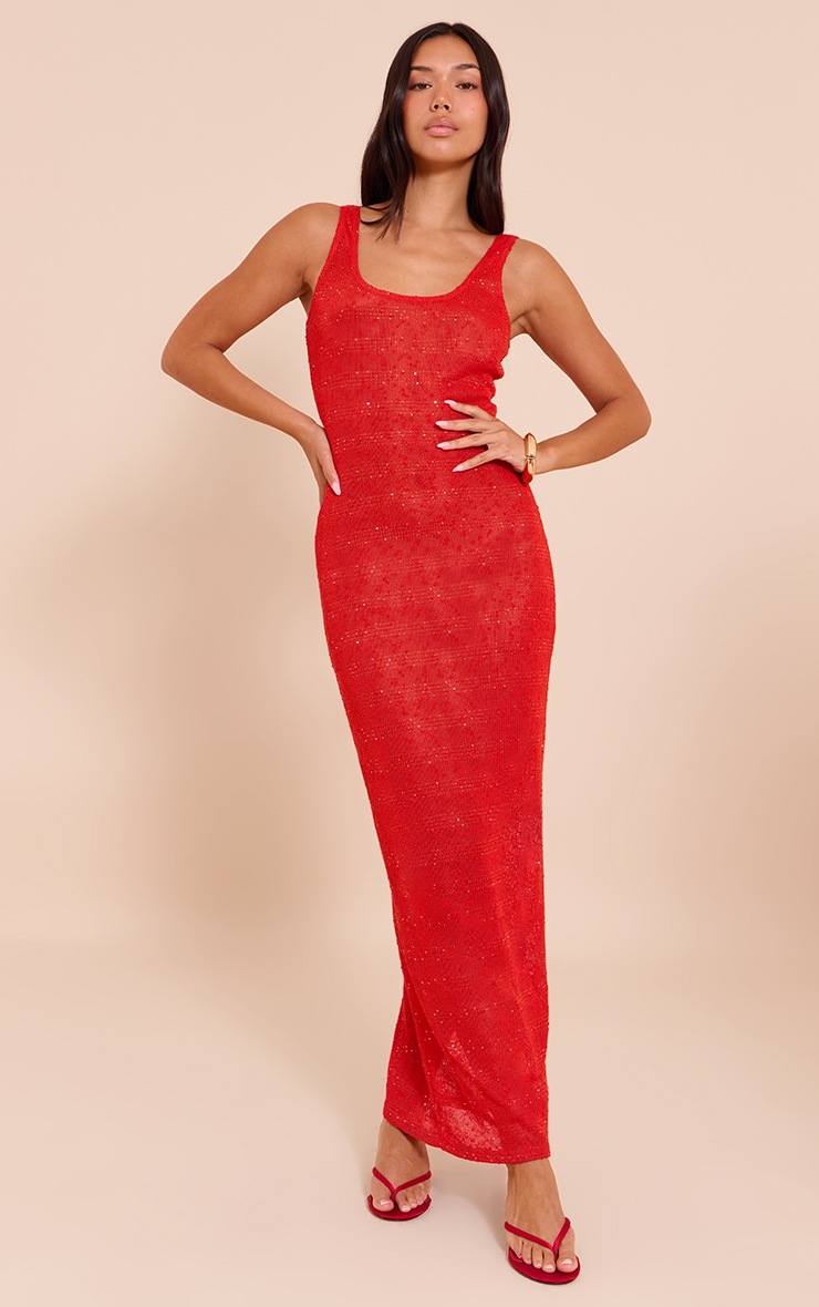 Tomato Red Sequin Sheer Racer Neck Maxi Dress | Dresses | PLT USA