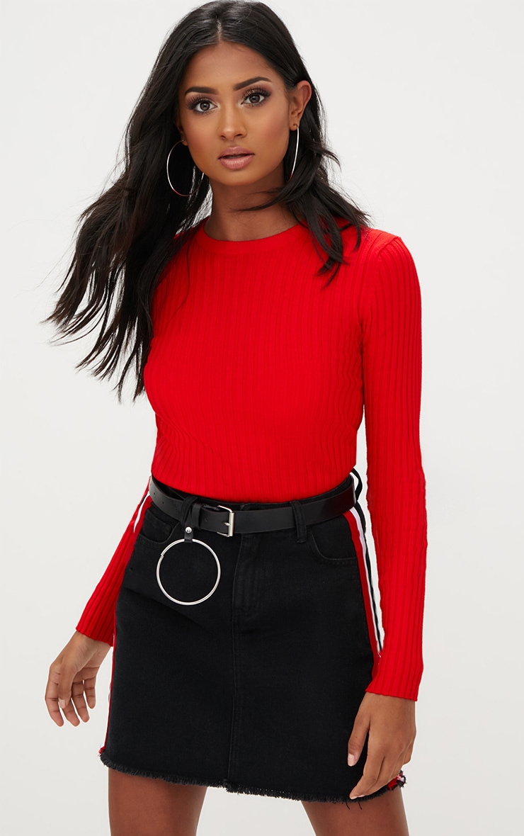 Red Ribbed Crew Neck Jumper Knitwear Prettylittlething Usa