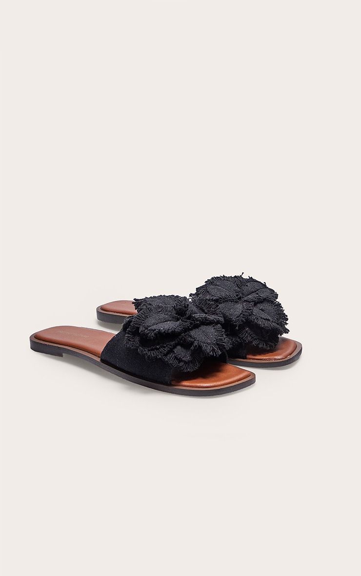 Black Linen Round Toe Flower Strap Mule Sandals | Footwear | PLT