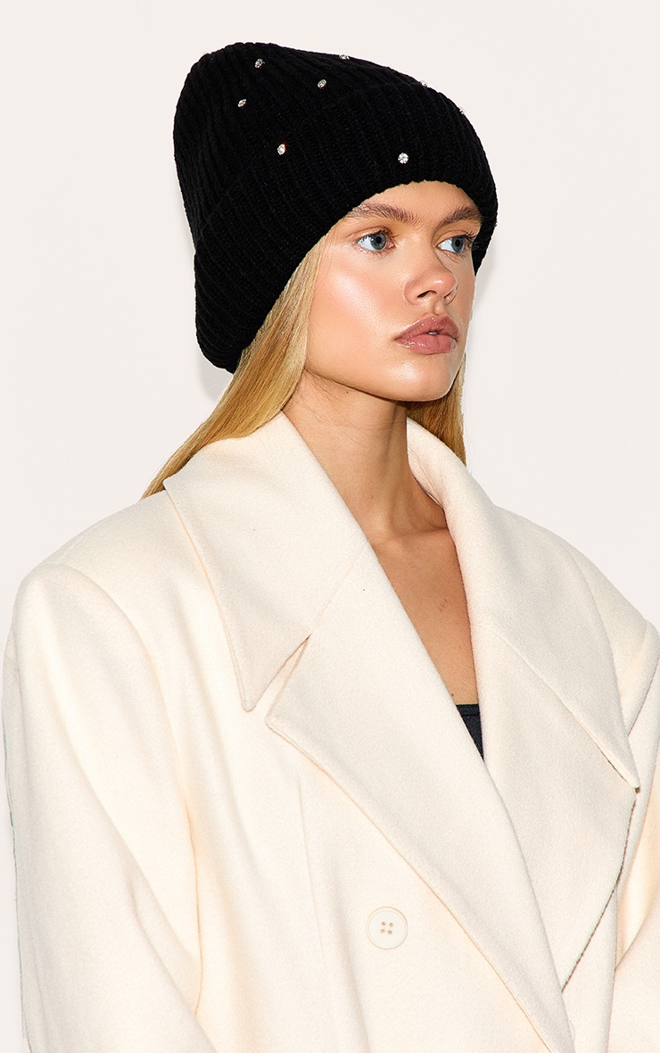 Black Diamante Rib Beanie | Accessories | PLT