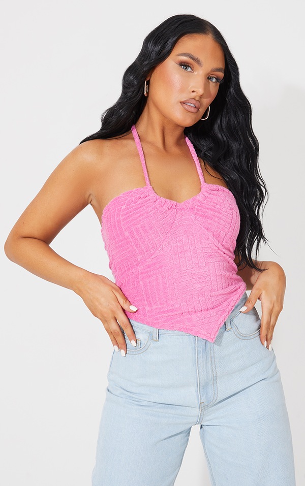 Candy Pink Embossed Towelling Halter Top | Tops | PLT