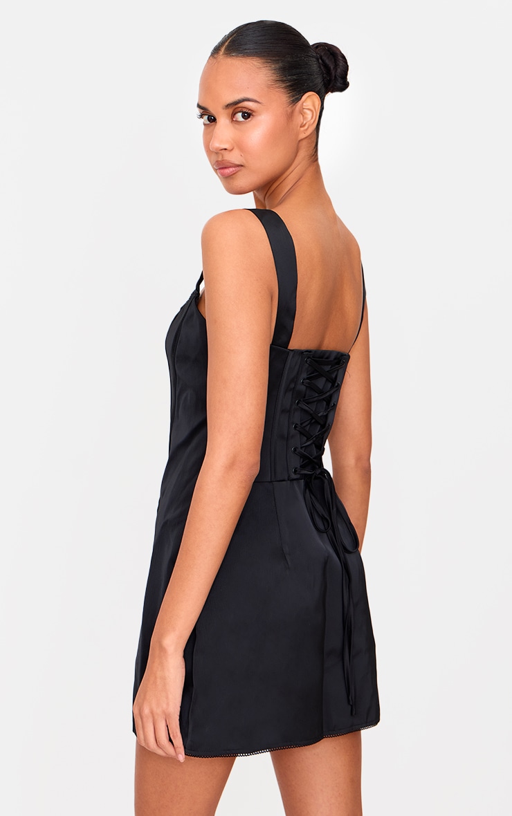 Black Woven Square Neck Back Corset Bodycon Dress | Dresses | PLT USA