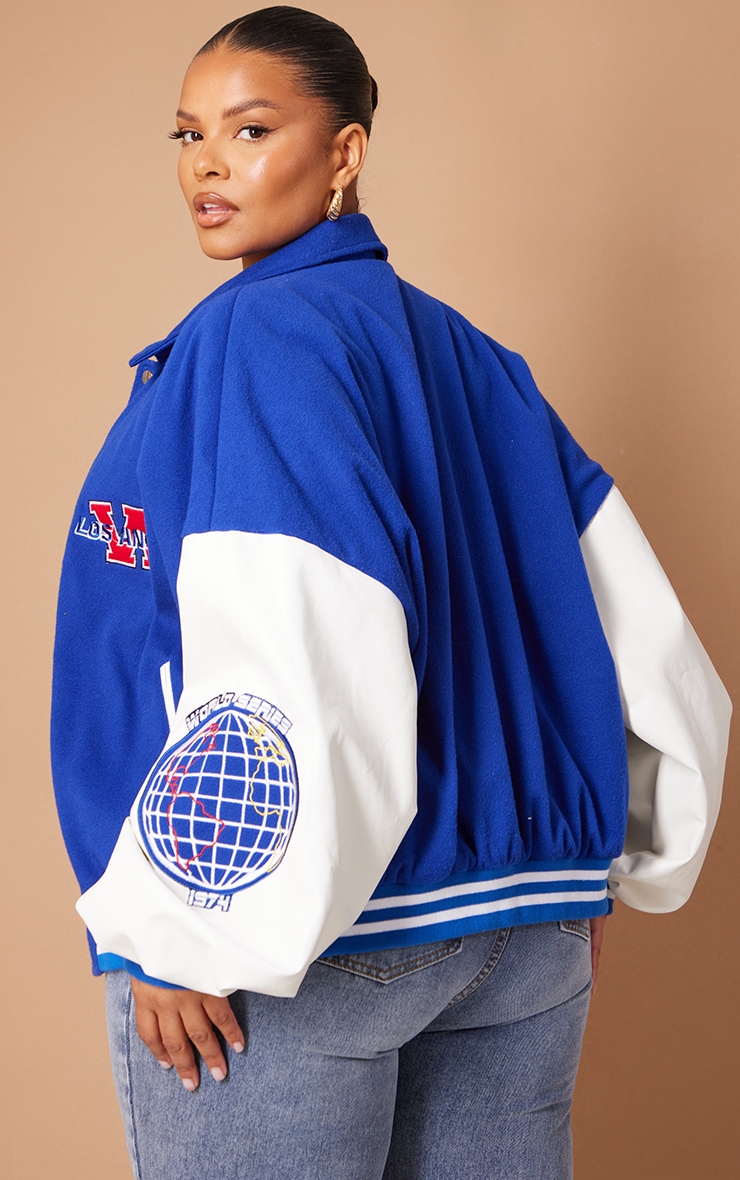 Plus Blue Pocket Front Pu Contrast Sleeve Bomber Jacket ...
