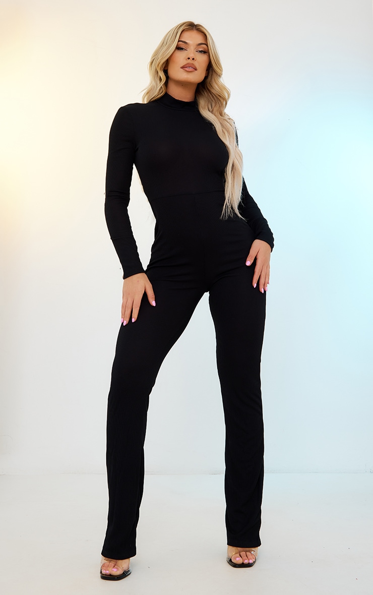 Black Ribbed High Neck Flared Jumpsuit | Dresses | PLT USA
