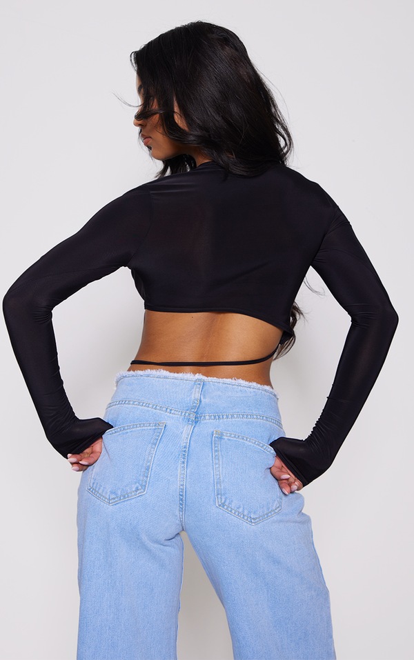 Black Slinky Strap Waist Crop Top | Tops | PLT