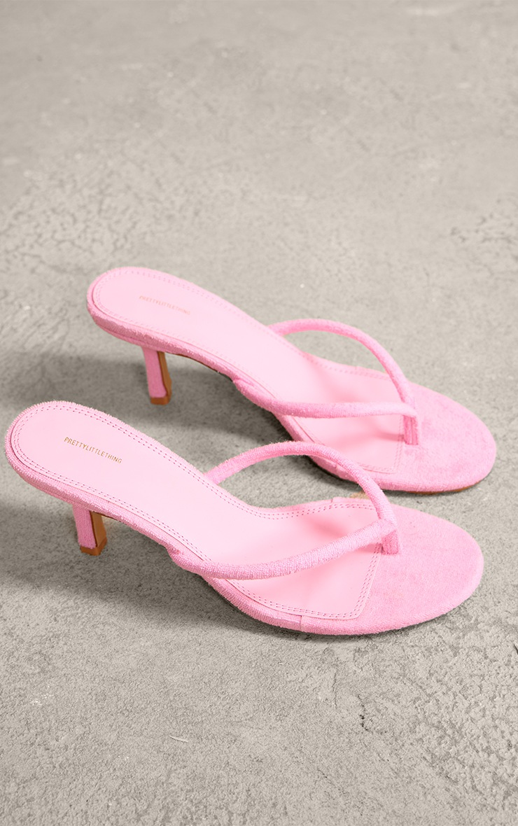 Pink Towelling Round Toe Thong Mid Heeled Mules | Footwear | PLT
