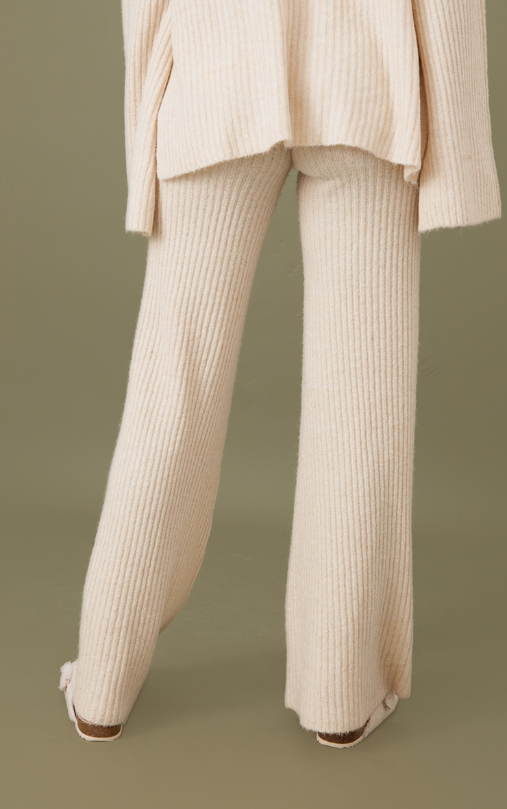 Tall Oatmeal Luxe Rib Knit Wide Leg Trousers | Tall | PLT