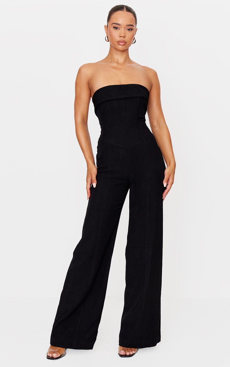 Black Woven Bandeau Corset Straight Leg Jumpsuit | Jumpsuits & Rompers | PrettyLittleThing USA