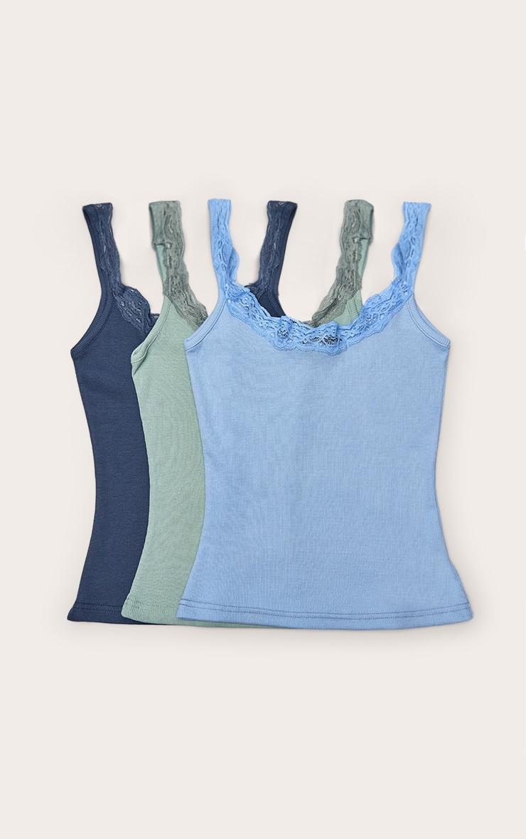 Blue Multi Pack Of 3 Ribbed Lace Trim PJ Vests | Lingerie & Nightwear | PLT