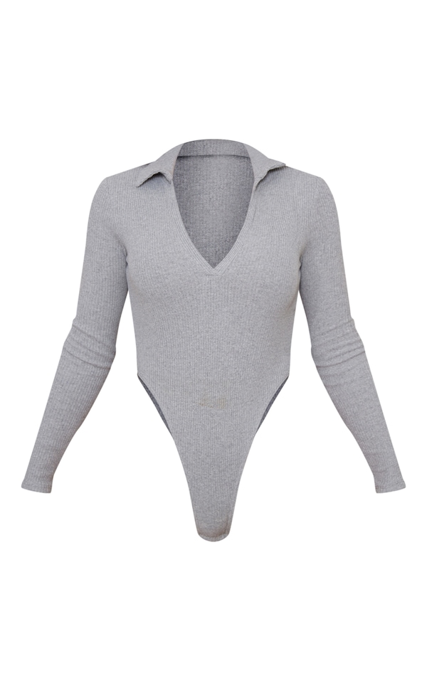 Ash Grey Marl Rib Collar Long Sleeve Bodysuit | Tops | PLT