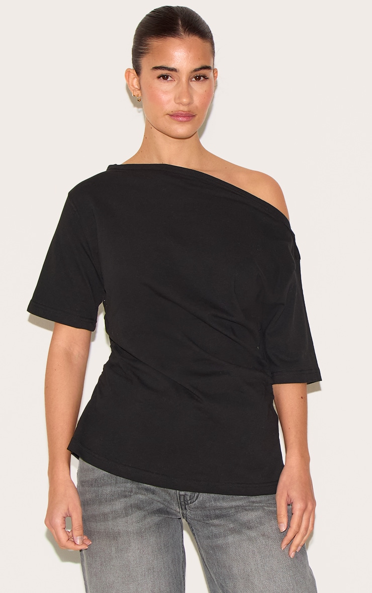 Black Asymmetric Ruched Side Detail T Shirt | Tops | PLT