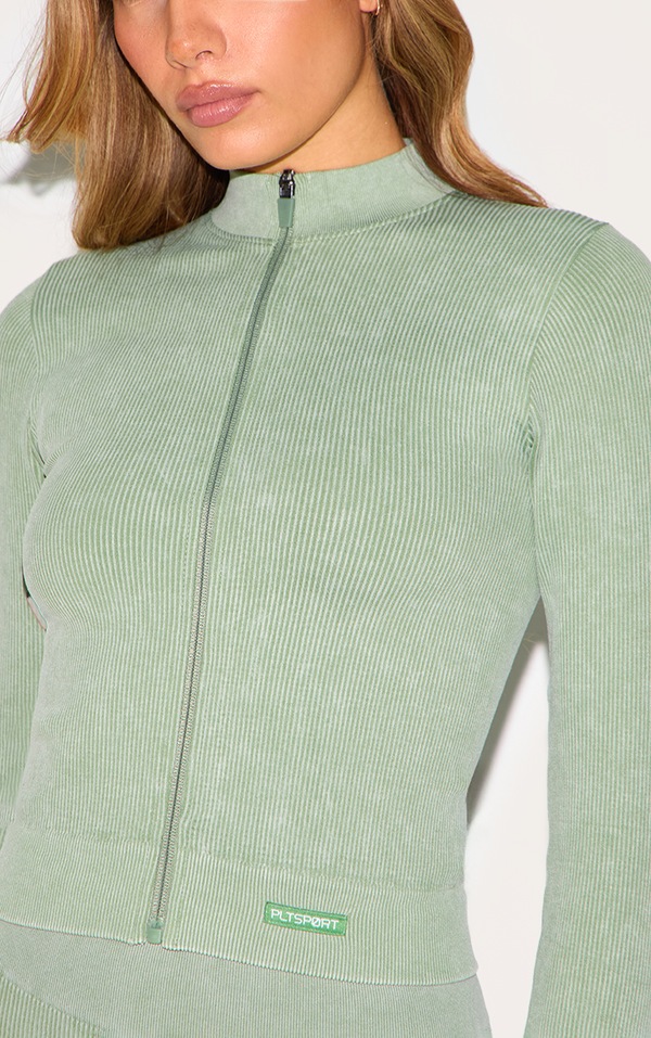 Khaki Acid Wash Seamless Rib Crop Sports Jacket | Activewear ...